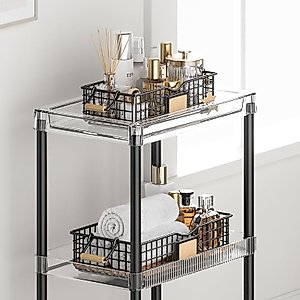 Qcold Bathroom Organizer Basket, Bathroom Organizers and Storage - 2 Pack Bathroom Counter Organizer with Handle - Wire Shelf Basket - Bathroom Countertop Tray for Organizing, Farmhouse Decor -Black