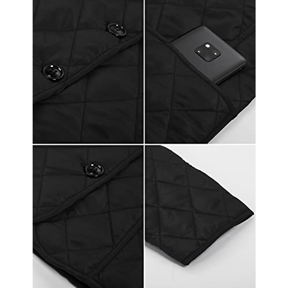 GRACE KARIN Women Lightweight Jacket Casual Winter Quilted Coat Lapel Button Down Long Sleeve Outwear with Pockets Black L