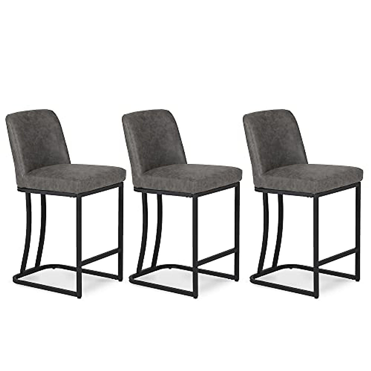 MAISON ARTS Counter Height 24" Bar Stools Set of 3 with Back for Kitchen Counter Modern Upholstered Barstools Faux Leather Farmhouse Bar Chairs Island Stools Support 330LBS, 24 Inch, Grey+Black Frame