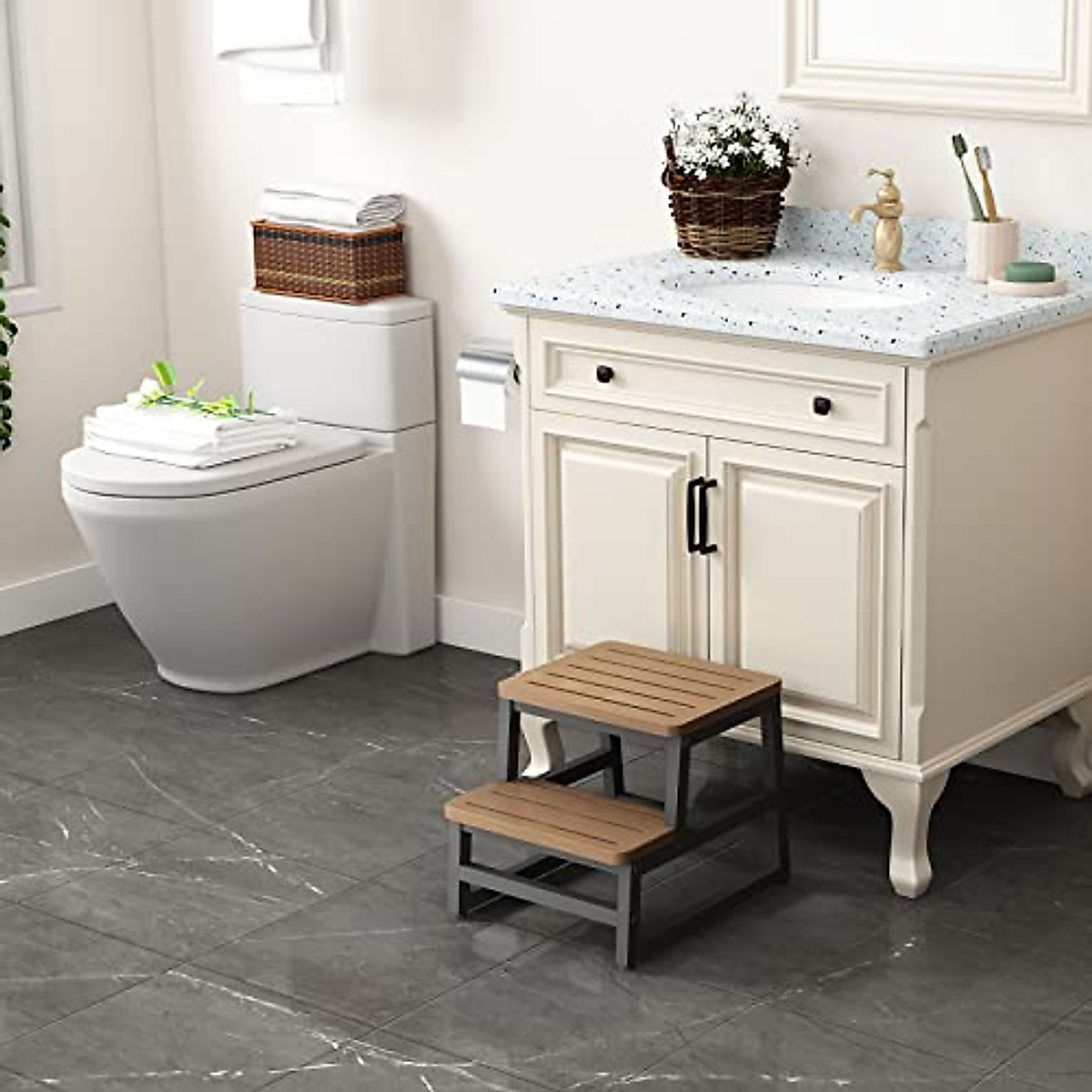 Wooden Step Stools for Kids and Adults, Heavy Duty Bed Steps for High Beds for Adults with Non-Slip Grooves Surface, 2 Step Stool for Bedroom, Kitchen, Bathroom - Holds up to 500 LBS by RORKEE