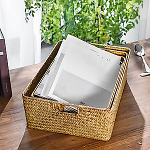 Cabilock Woven Baskets Rectangular Storage Basket Baskets for Organizing Hand-woven Seaweed Organizer Books Storage Box Savings Box Toilet Candy Yellow Bamboo Wicker Storage Basket