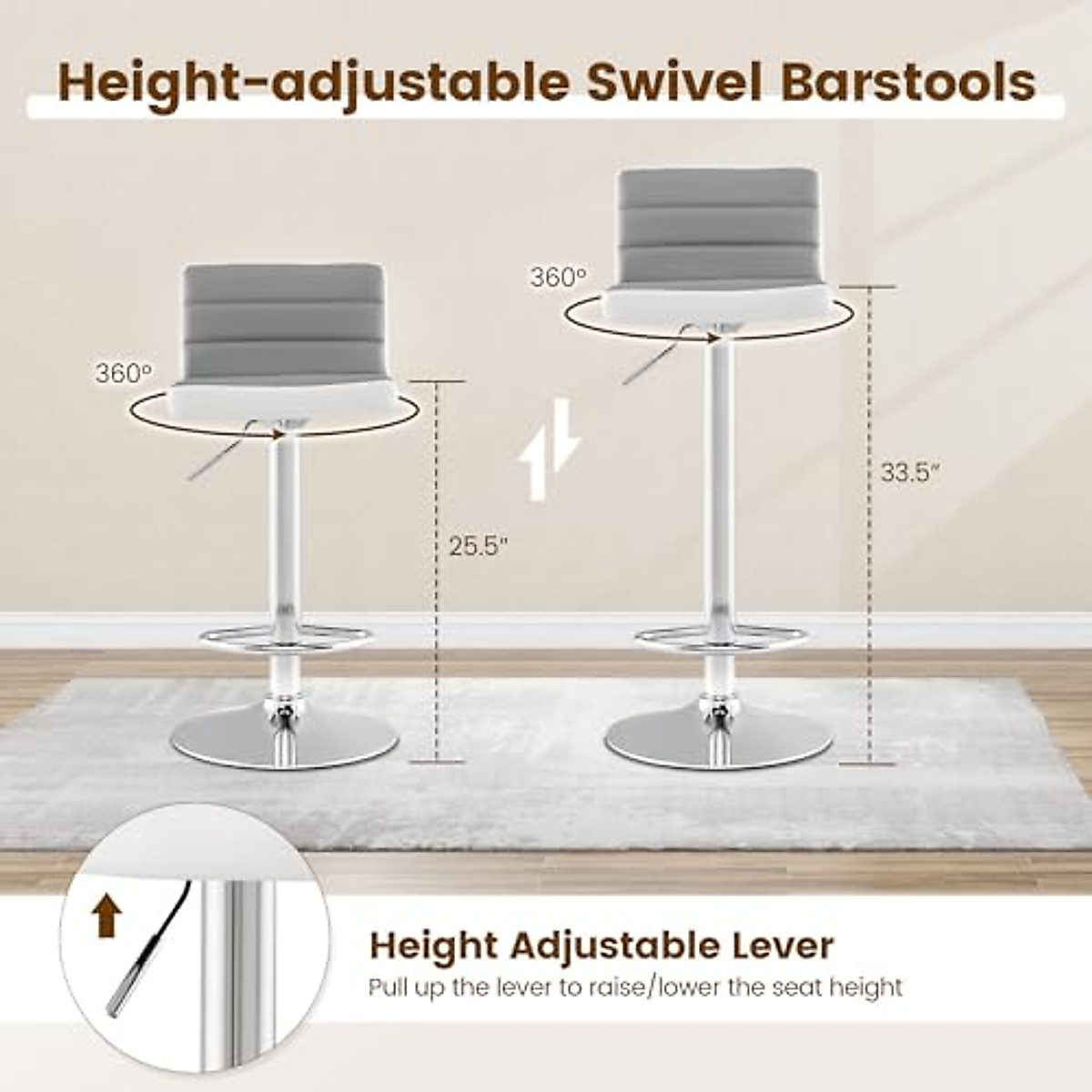 COSTWAY Adjustable Bar Stools Set of 4, Modern Swivel PU Leather Bar Chairs with Back, Footrest, Counter Height Upholstered Barstools for Kitchen Island Dining Living Room Bistro Pub Cafe, Grey+White