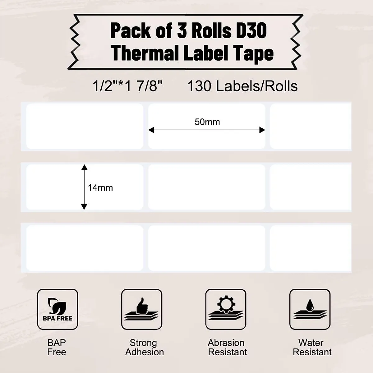 Phomemo D30 Label Maker Tape, Black on White Sticker Thermal Paper, Pre-Cut Self-Adhesive Label Tapes, 14 x 30mm /0.55 x 1.1 Inch (1/2" x 1 1/8") 210 Tapes/Roll, 3-Roll