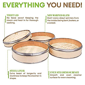 Bamboo Steamer 3 Tiered 9.5" Multifunction Dumpling Vegetable Bun Rice Baskets Steamers Stacking Basket for Efficient Food Steaming and Cooking with Stainless Steel Cook Ring and Silicone Sheet Liner