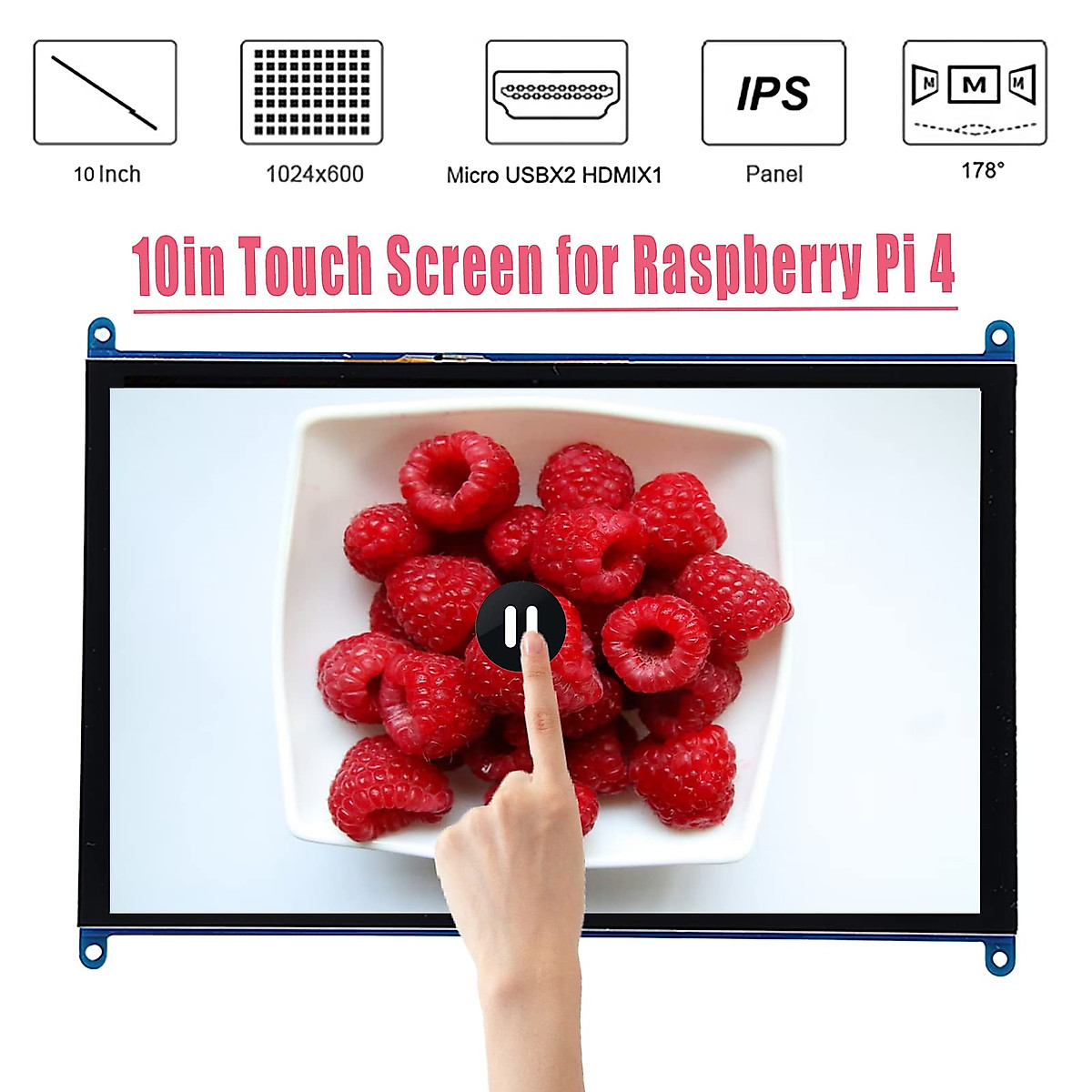 10in Touch Screen, 1024×600 LCD Display with Charging Cable, for Raspberry Pi 4 Screen, for Raspberry Pi/Windows/Ubuntu/Raspbain/Ulinx/Linx