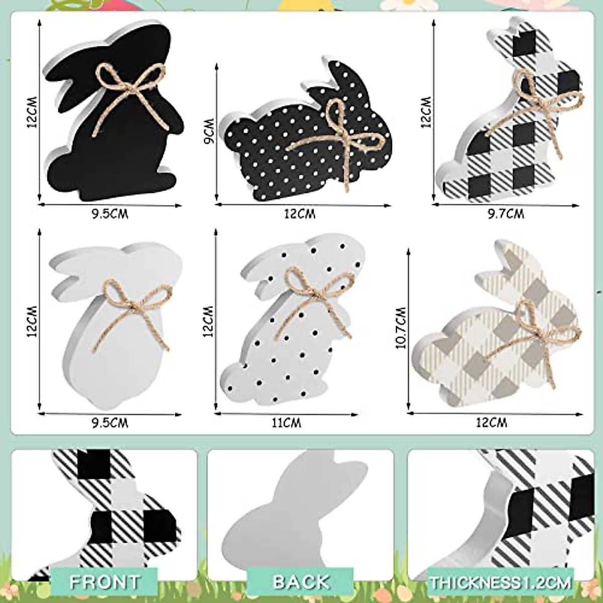 6 Pcs Easter Bunny Table Wooden Signs Bunny Shaped Farmhouse Decor Bunny Wooden Table Decorations Rabbit Tiered Tray Decor Wood Cutouts with Rope for Crafts Party Table Decorations, Black, Gray, White