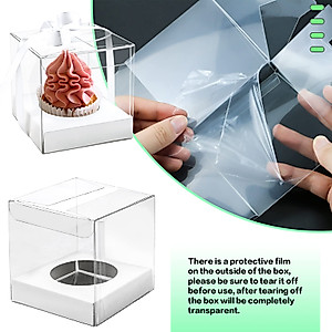 GothaBach 20 Pcs Clear Cupcake Containers with Ribbons, 3.5'' Clear Boxes for Cupcakes, Wedding Party Cupcake Carriers with Inserts and Ribbon, Clear Cupcake Display Boxes (White)