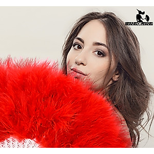 FANSOF.FANS Marabou Feather Hand Fan 45cm, Fancy Dress Wedding Party Favour Gift Outdoor Vintage Dance Photoshoot (Red)