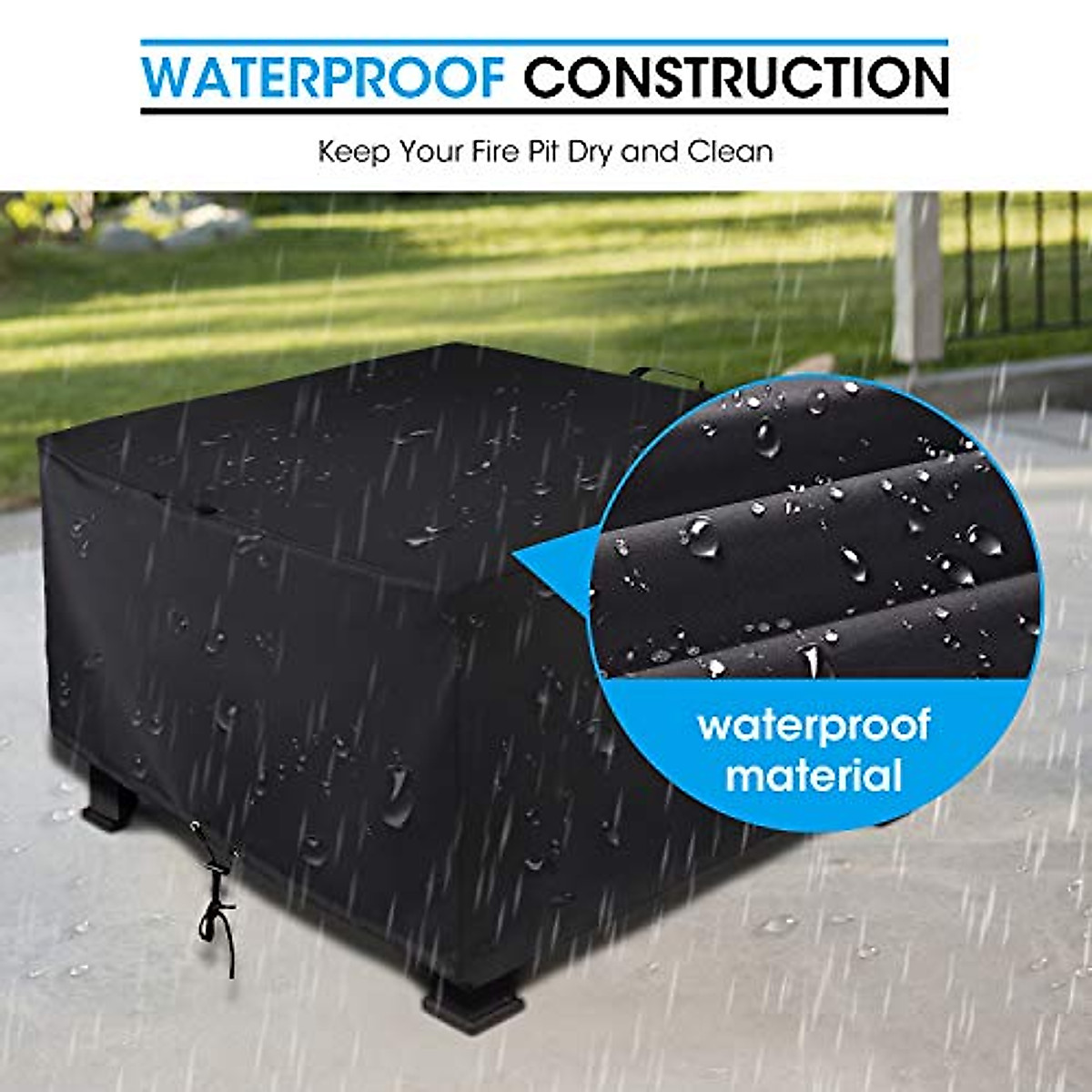 Unicook Square Fire Pit Cover 38 Inch, Heavy Duty Waterproof Fire Table Cover, Outdoor Firepit Cover with Drawstring and Handles, Fade Resistant Material, All Weather Protection, Black