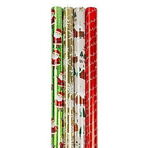 JAMPaper Assorted Gift Wrap - Christmas Foil Wrapping Paper - 100 Sq Ft Total - Elegant Merry Christmas Reindeer Set - 4 Rolls/Pack