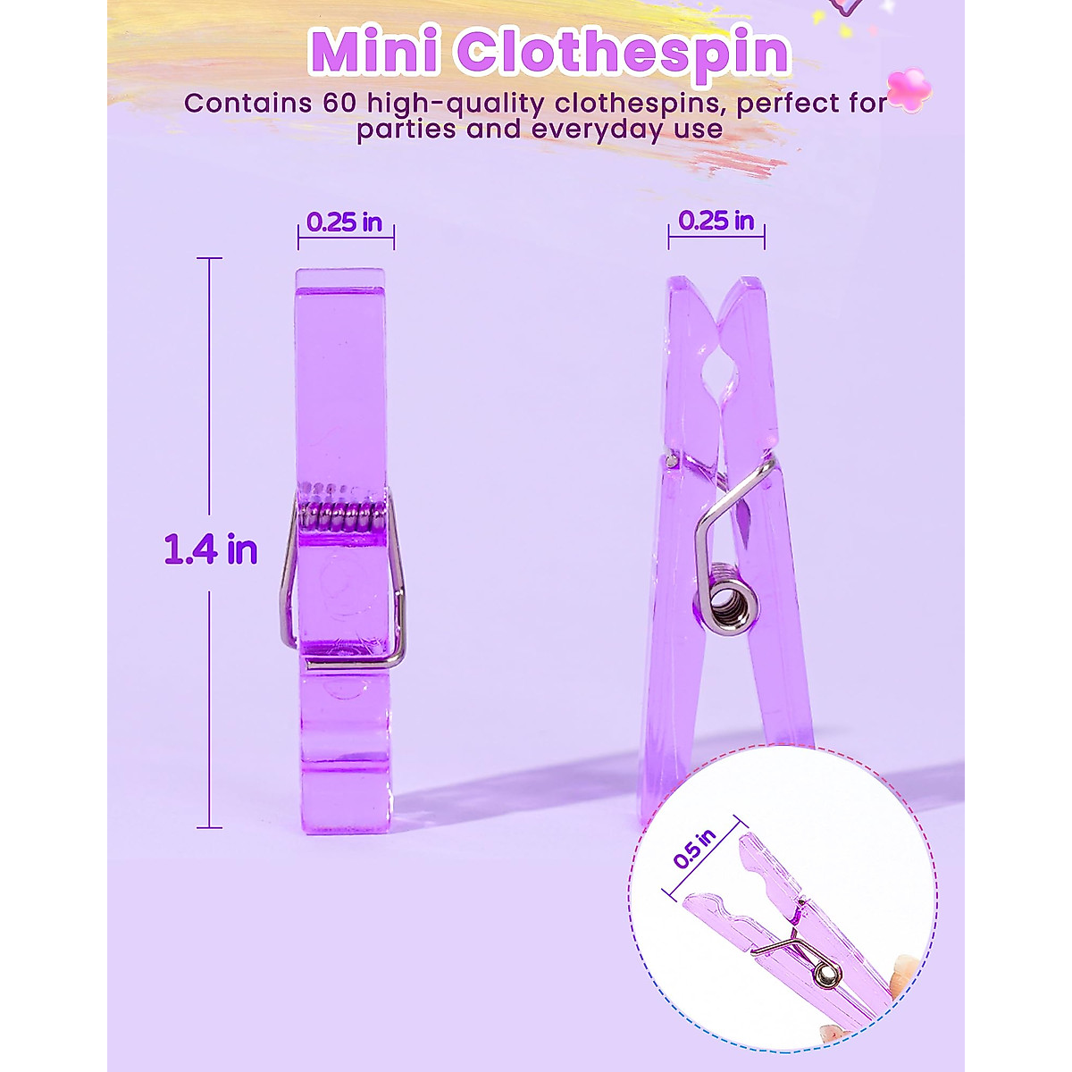 60PCS Purple Clothes Pins for Baby Shower Games Girl, Transparent Acrylic Clothes Pin Bulk, 1.4'' Mini Clothespins for Photos, DIY Crafts, Baby Shower Game Prop/Party Favors/Decorations