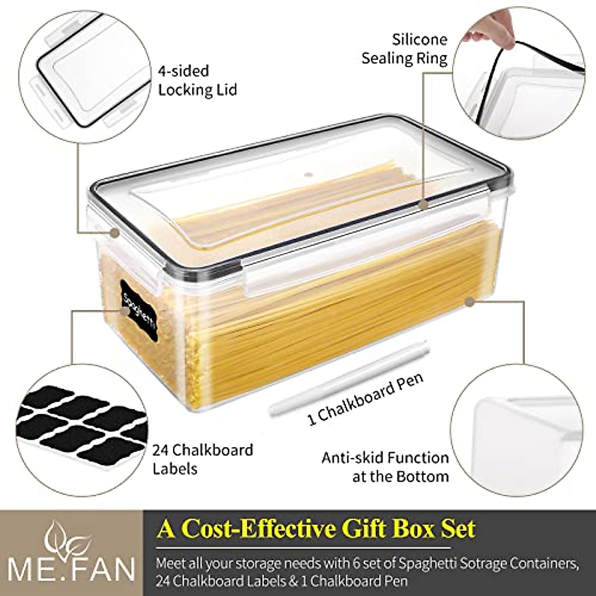 ME.FAN 6 Set 3.2L Food Storage Containers, Spaghetti Containers Airtight Horizontal Storage/Pasta Containers Kitchen Pantry Organization Canisters with 24 labels & Pen - Black