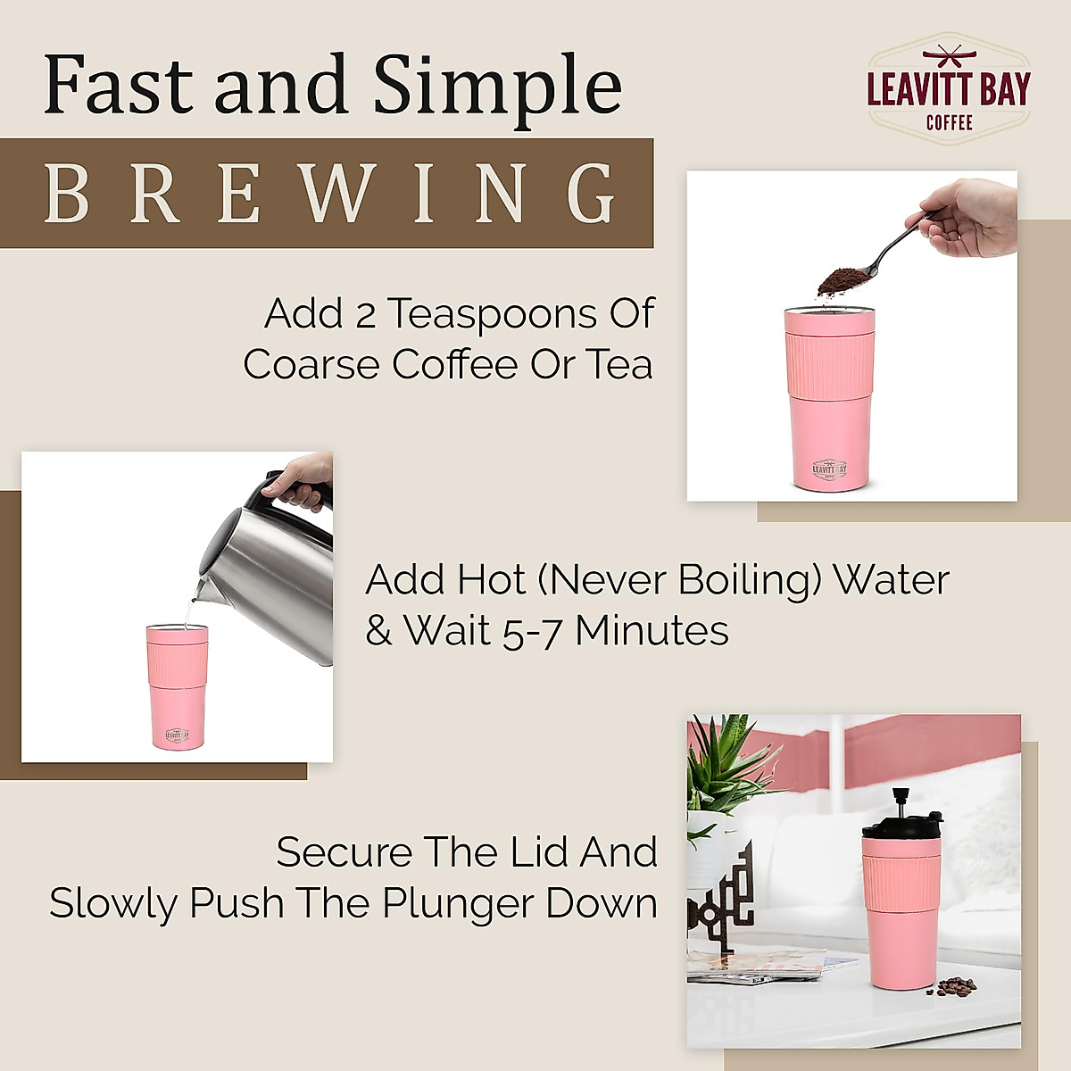 Portable French Press Travel Mug (15oz) - Stainless Steel & Double Wall Vacuum Pink Coffee Maker – Single Serve French Press for Travel, Home, Office, or Camping - No Leak Coffee or Tea Press Tumbler