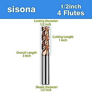 sisona 1/2" Square Nose Carbide End Mill Bits - 4 Flutes，1/2" Diamter，3'' Overall Length - Sharpness，Durable，Smooth Cutting