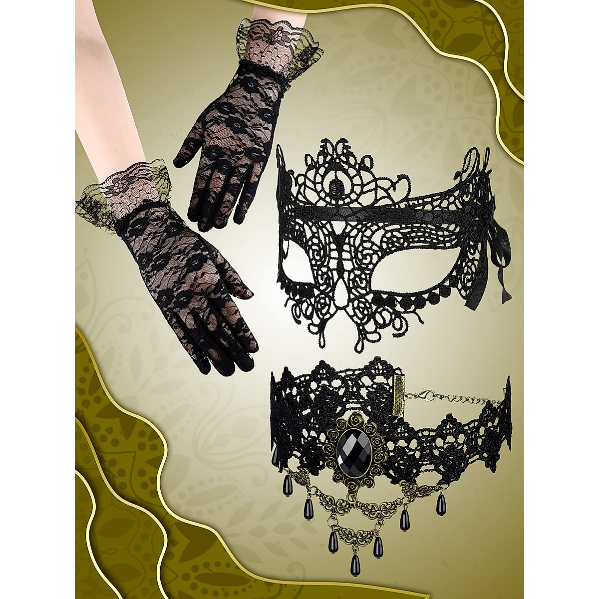 Boao Masquerade Costume Set for Women, Lace Masquerade Mask Gloves Black Gothic Choker Necklace Cosplay Accessories (Elegant Style)