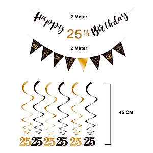 BRT Bearingshui 25th Birthday Decoration Kit for Men Women, Happy 25th Birthday Banner Bunting Swirls Streamers, Triangle Flag Banner for Birthday Party Decorations Supplies Black and Gold 25th