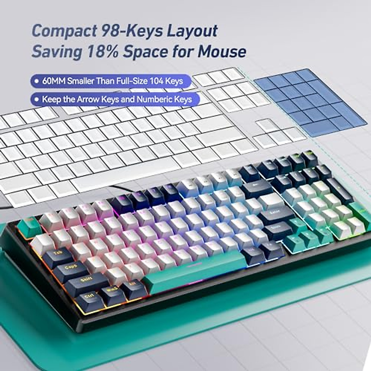 EarlyLit Hot-Swappable Mechanical Keyboard, Wired Gaming Keyboard with Numeric Pad,Quiet Gasket and Red Switches,Programmable RGB Backlit, Compact 98Keys Computer Keyboard for PC Mac Xbox Gamer