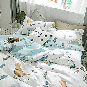 BuLuTu Dinosaur Kids Bedding Sets Twin Cotton,3 Pieces Premium Soft Reversible Dino Forest Print Teen Boys Girls Twin Duvet Cover Set Cotton with Zipper Closure and Ties,NO Comforter