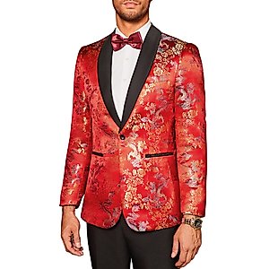 Coofandy Men's Stylish Dragon Floral Suits Fashion Slim Fit One-Button Blazer Jacket, Red, XX-Large