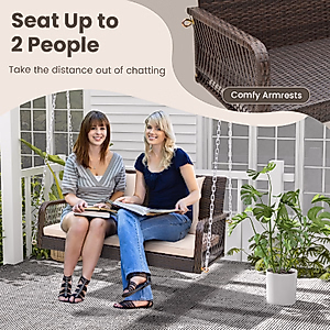 Tangkula Wicker Outdoor Porch Swing, 800 LBS Capacity Outdoor Swing Bench with Hanging Chains, Back and Seat Cushions, 2-Seater Hanging Patio Bench for Deck, Garden, Yard (Beige)