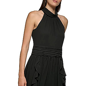 Karl Lagerfeld Paris Women's Chiffon High-Low Maxi Dress with Ruffle Skirt and Mock Neck, Black, 12