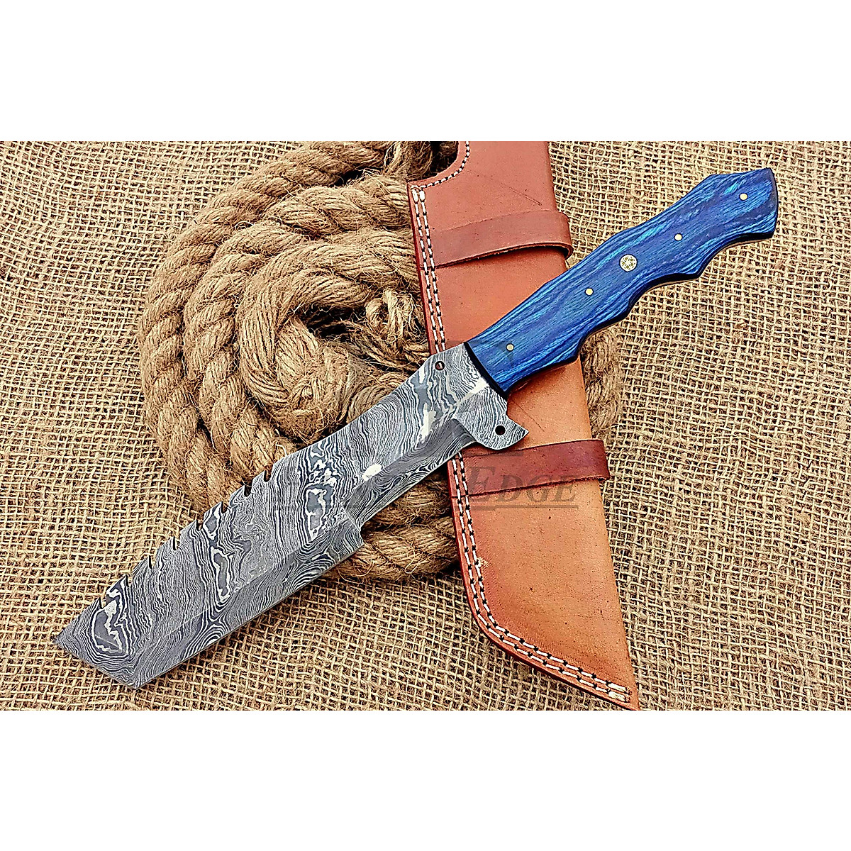 HUNTEX Unique Custom Handmade Hand-Forged Twist Pattern Damascus Steel 14 Inch Long Full Tang Pakka Wood Handle Razor Sharp Hunting Camping Tracker Knife with Genuine Leather Sheath