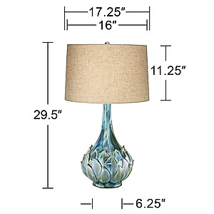 Possini Euro Design Kenya Modern Tropical Table Lamp with Dimmer 29 1/2" Tall Blue Green Glaze Ceramic Beige Linen Drum Shade for Bedroom Living Room House Home Bedside Nightstand Office Family