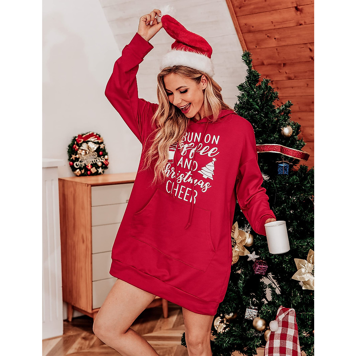 Quenteen I Run On Coffee and Christmas Cheer Sweatshirt Dress For Women Casual Loose Fitiing Hoodies Dress Red Small