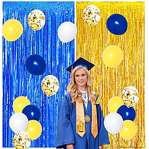 Graduation Party Decorations Navy Blue Gold 2024/Navy Blue Yellow Graduation Decorations Navy Blue Foil Fringe Curtains Graduation Backdrop Metallic Foil Fringes Curtains for Blue Gold Birthday Party