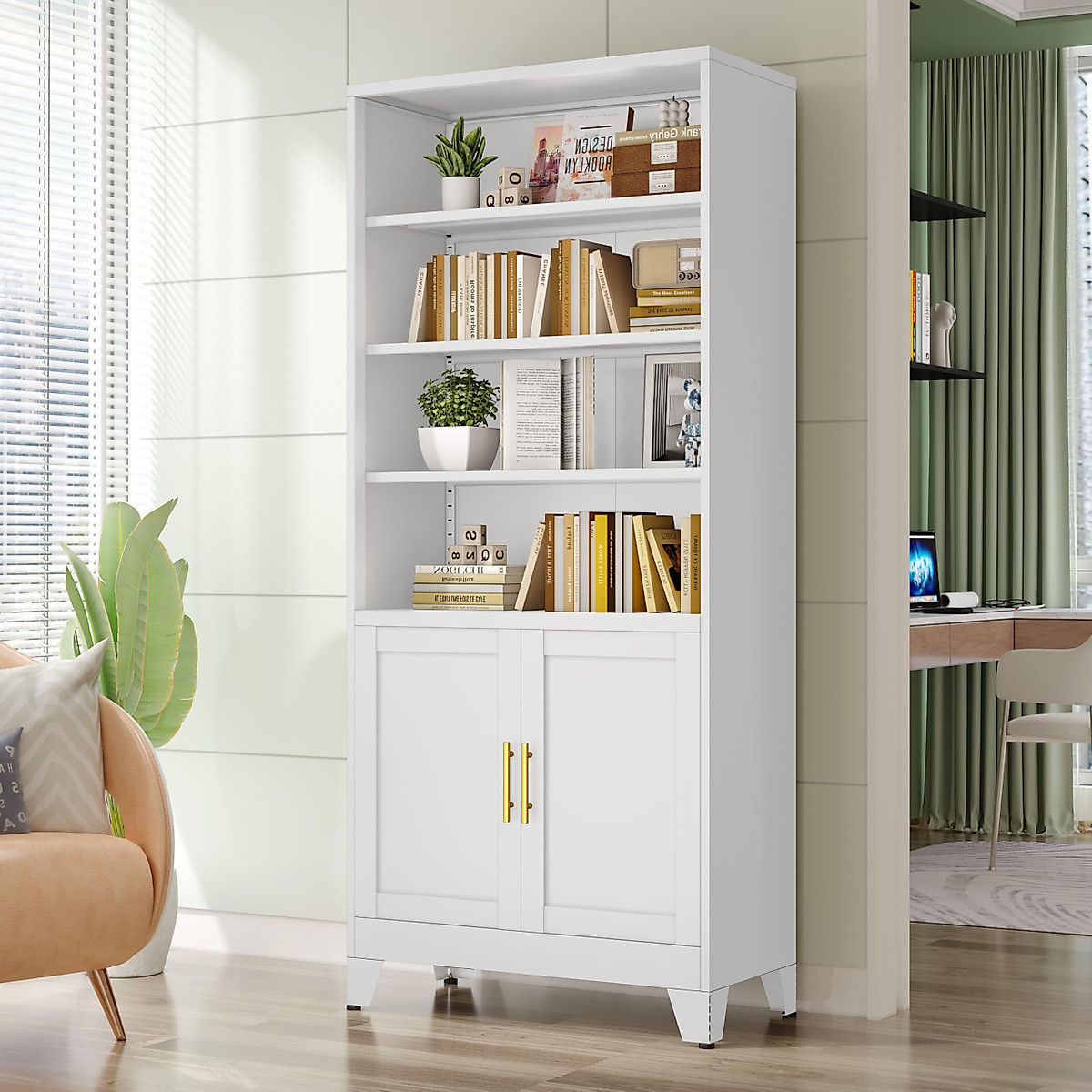 pozdeg 6 Tier Bookshelf and Bookcase, Metal Bookshelves with 4 Adjustable Shelves and 2 Doors, Floor Bookcase and Office Storage Cabinets for Office Study Livingroom Bedroom (White)
