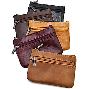 Women Genuine Leather Coin Pouch Zip Mini Purse Wallet Key Chain Double Zipper