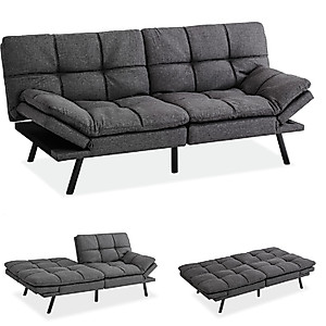 MUUEGM Convertible Futon Sofa Bed, Futon Couch Filled with Memory Foam, Ajustable Backrest Armrest Folding Sofa Bed for Living Room, Small Space, Apartment, Loveseat Daybed for Sleeper Dark Gray