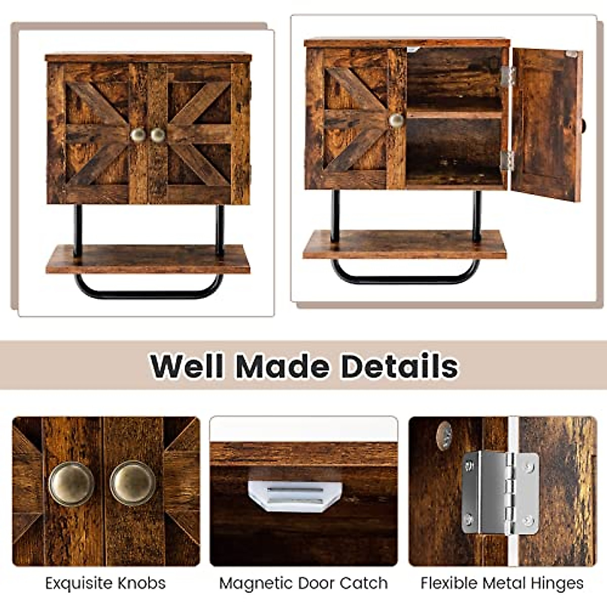 LOKO Bathroom Wall Cabinet, Space Saver Medicine Cabinet with 2 Doors, Storage Shelves & Towel Bar, Wall Mounted Towel Cabinet for Bathroom, Kitchen, Entryway (Rustic Brown)