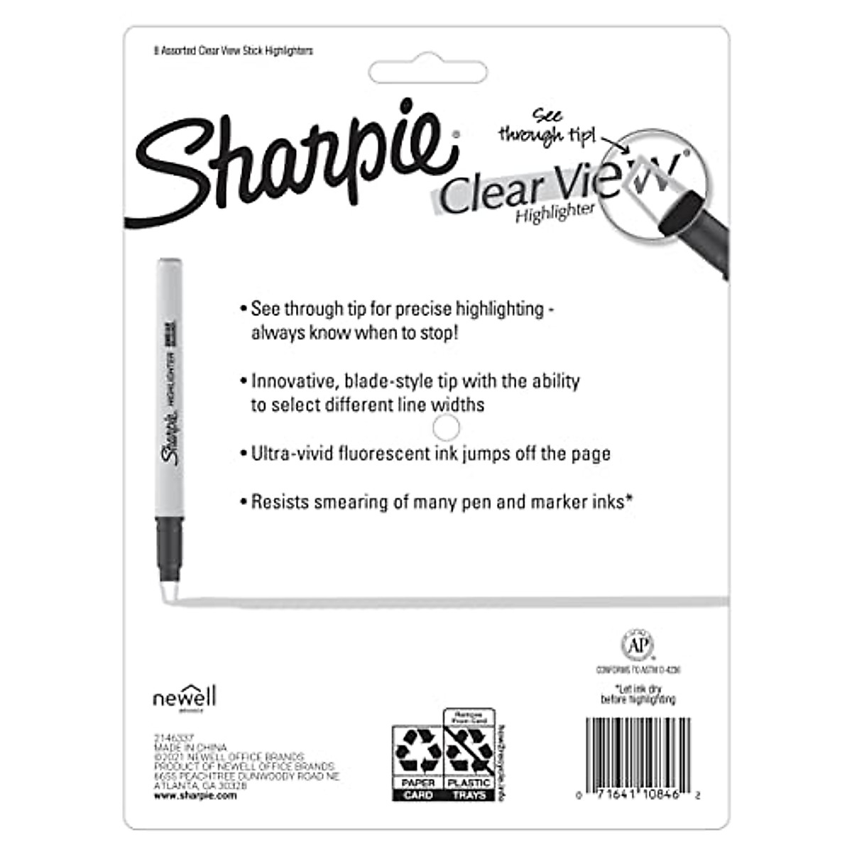 SHARPIE Highlighter, Clear View Highlighter with See-Through Chisel Tip, Stick Highlighter, Assorted, 8 Count