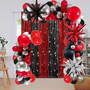 Black Red Silver Balloons Arch Decorations, Graduation Balloons Decoration18" 12” 5“ Balloons Black Red and Silver Foil Explode Star for Birthday 1st 21st 30th 40th 60th Party Grad New Year Decor