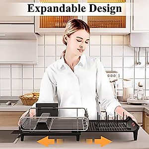 Dish Drying Rack, Kitchen Counter Dish Drainers Rack Expandable(16.9" to 26.8"), Auto-Drain Drainboard Stainless Steel Large Strainers Drying Rack with Pan Holder Utensil Holder Caddy Organizer, Black
