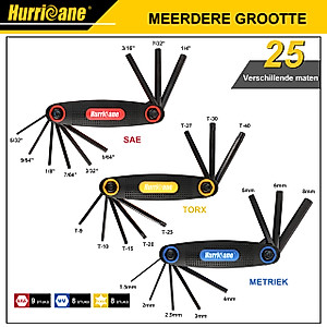 HURRICANE 25 Piece Folding Allen Wrench Set, SAE, Metric, Torx Set, Chrome Vanadium Steel, 3 Pack Portable Allen Key Set for Basic Home Repair and General Applications