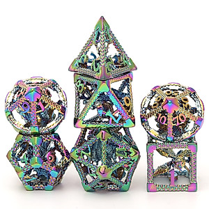 D&D Dice, Dungeons and Dragons Dice Metal DND Dice Set Polyhedral Hollow Role Playing D and D Starter Dice for RPG MTG Table Board Games Pathfinder Shadowrun Yahtzee (3D Dragon Rainbow White Number)