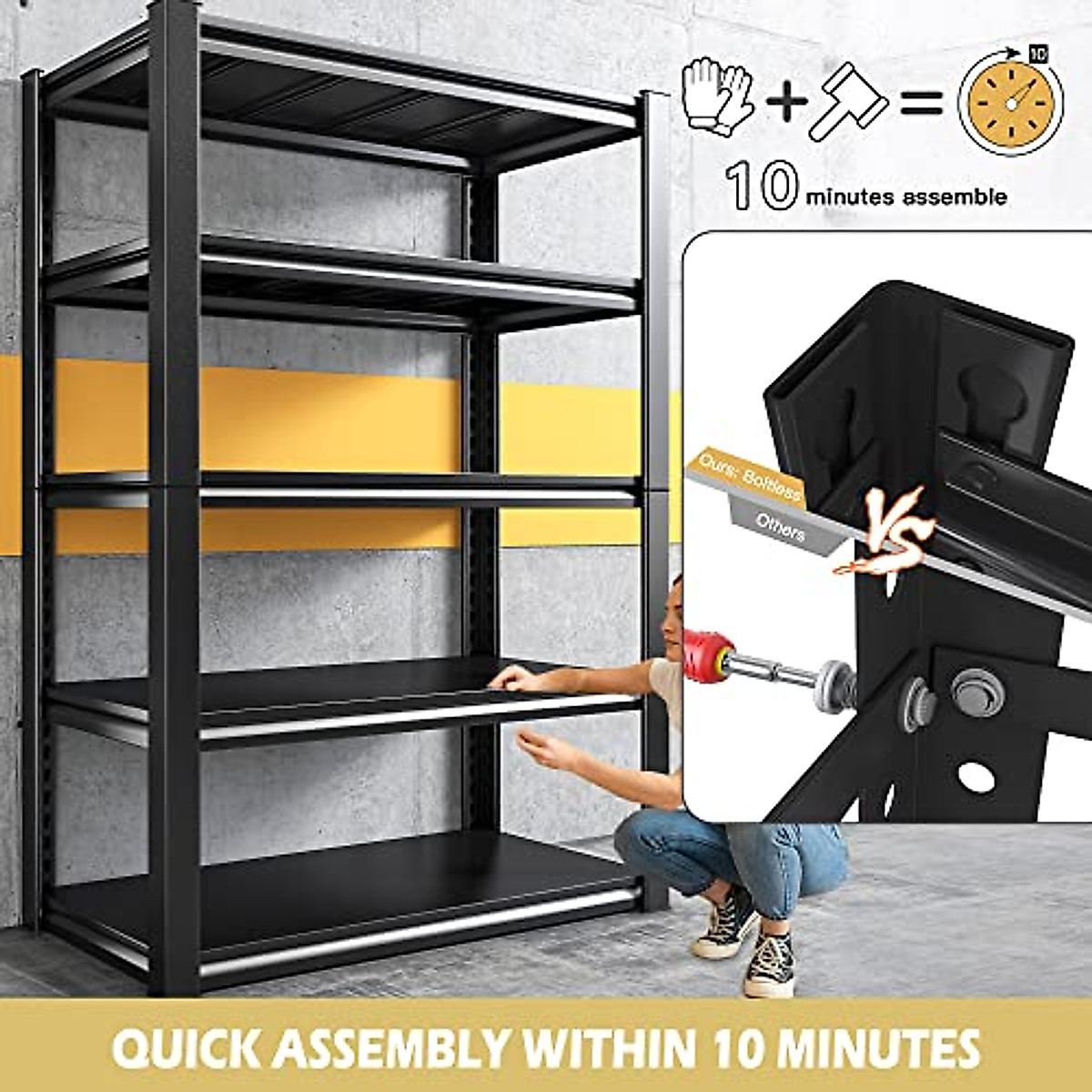 REIBII Metal Garage Shelving Heavy Duty Garage Storage Shelves, Large Wide Adjustable 5-Tier Storage Shelves, Heavy Duty Shelving Unit for Garage Pantry 2050 LBS Capacity, 4 Pack, Black