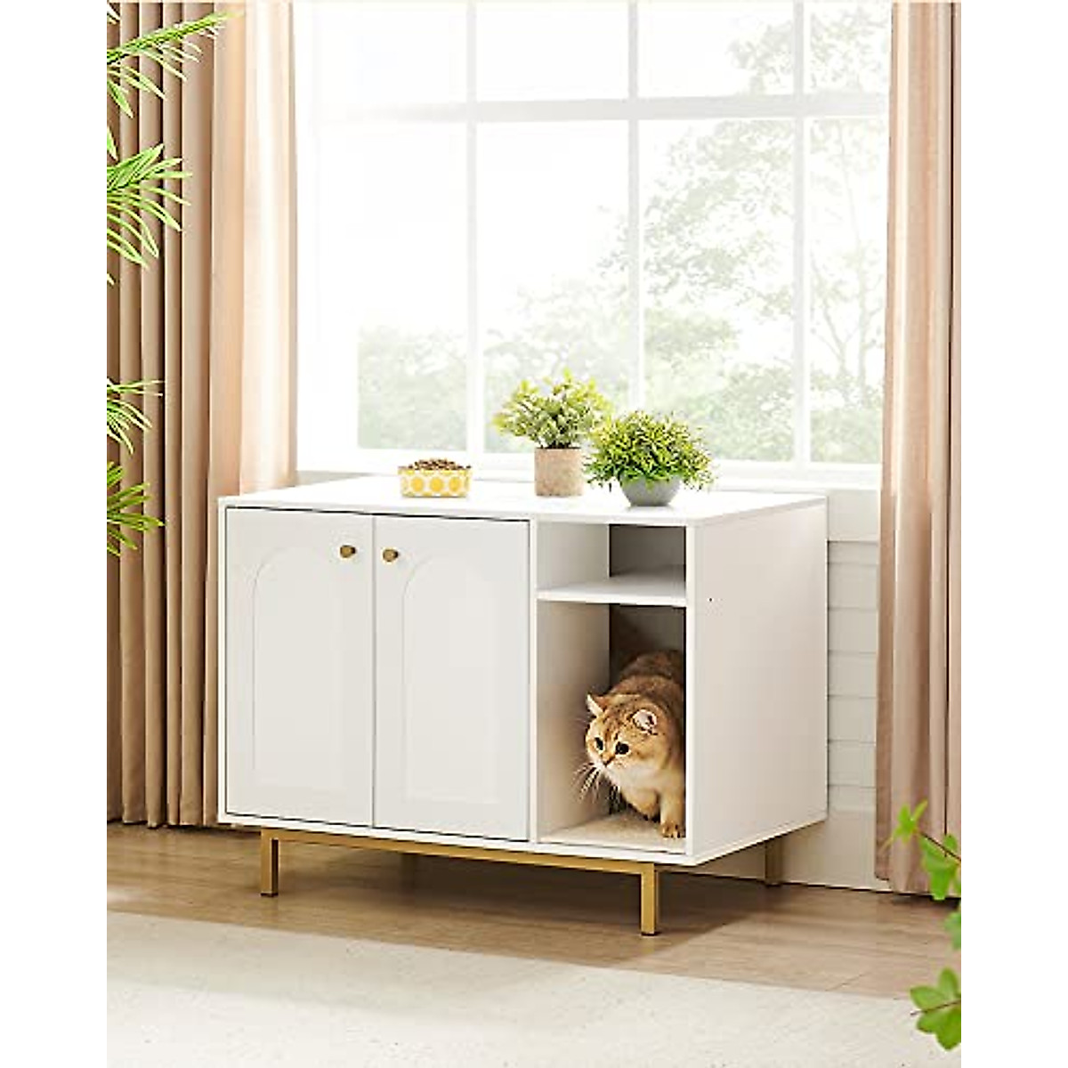 Hzuaneri Cat Litter Box Enclosure, Hidden Litter Box Furniture, Wooden Pet House Side End Table, Storage Cabinet Bench, Fit Most Cat and Litter Box, Living Room, Bedroom, White and Gold 01503GCLB