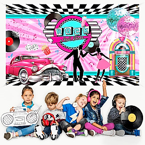 Mocsicka 50s Birthday Party Banner Back to 50's Rock and Roll Banner Backdrop 1950s Party Decorations Retro Rocking Backdrop for 50s Party, 72.8 x 43.3 Inch
