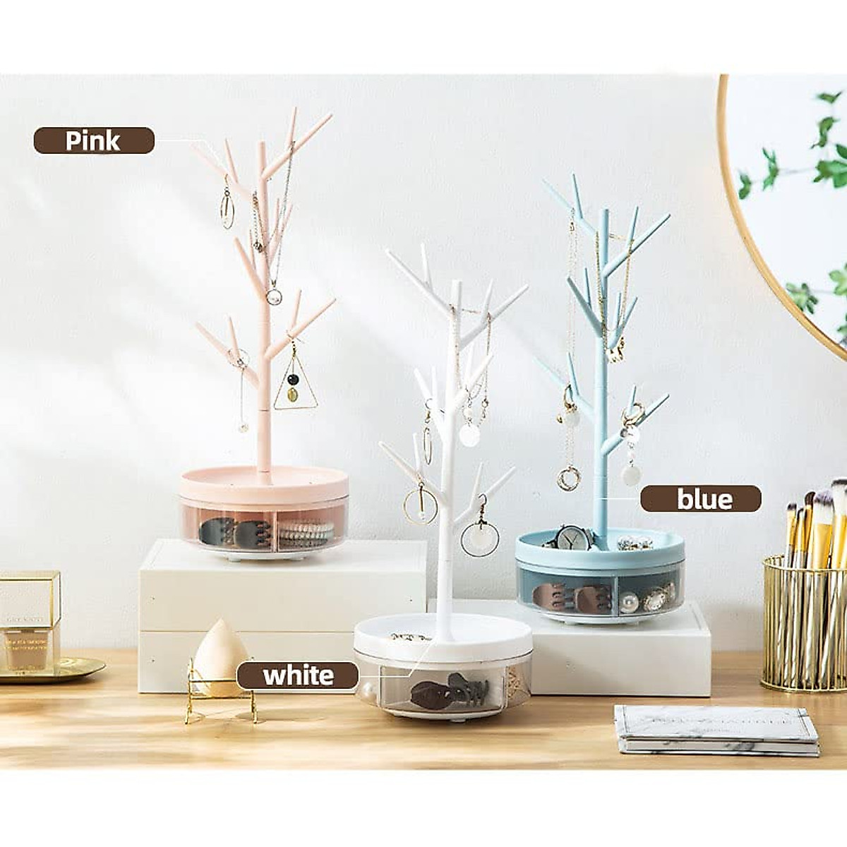 Half Room Branch Jewelry Rack With Rotatable Base and Storage Box Tree Tower Rack Hanging Organizer for Ring Earrings Necklace Bracelet,Suitable for living rooms, bathrooms,offices,etc.