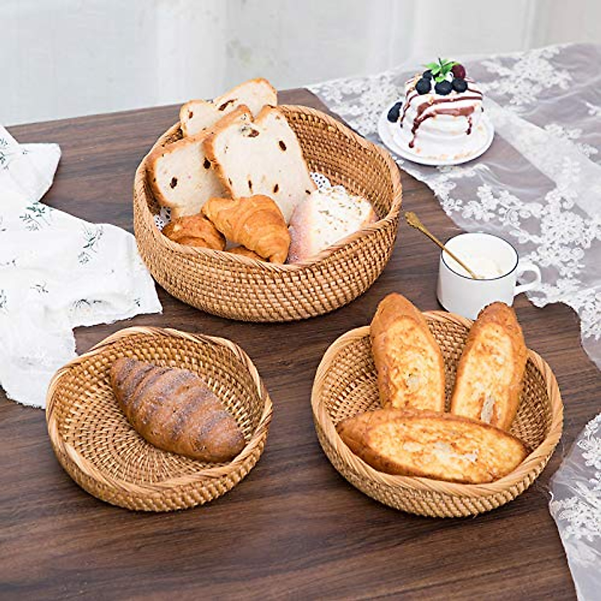 Rattan Round Fruit Baskets, Wicker Storage Bowls, Natural Woven Serving Basket Bowls, Decorative Baskets for Kitchen Counter Organizing, set of 3