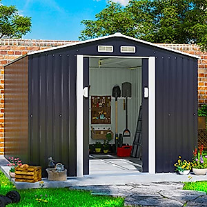 JAXPETY 9.1' x10.5' Outdoor Storage Large Shed, Galvanized Metal Shed for Garden Patio Lawn Backyard, Garden House with Lockable Double Doors and Four Vents, Gray