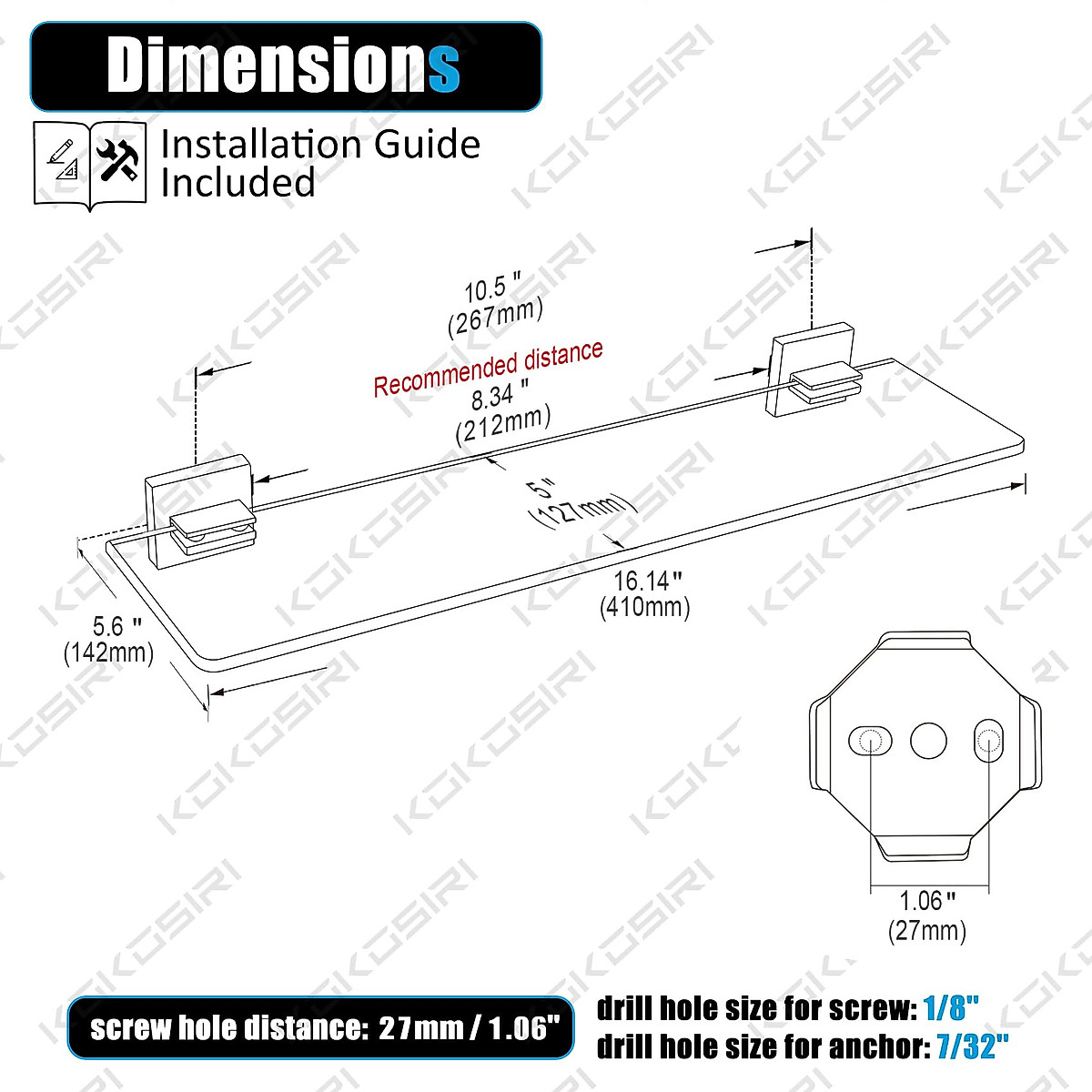 KOKOSIRI Wall Shelves Floating Bathroom Glass Shelf for Kitchen Storage, 16'' x 5.6'' Tempered Glass Wall Mounted Polished Stainless Steel B1106CH-L16