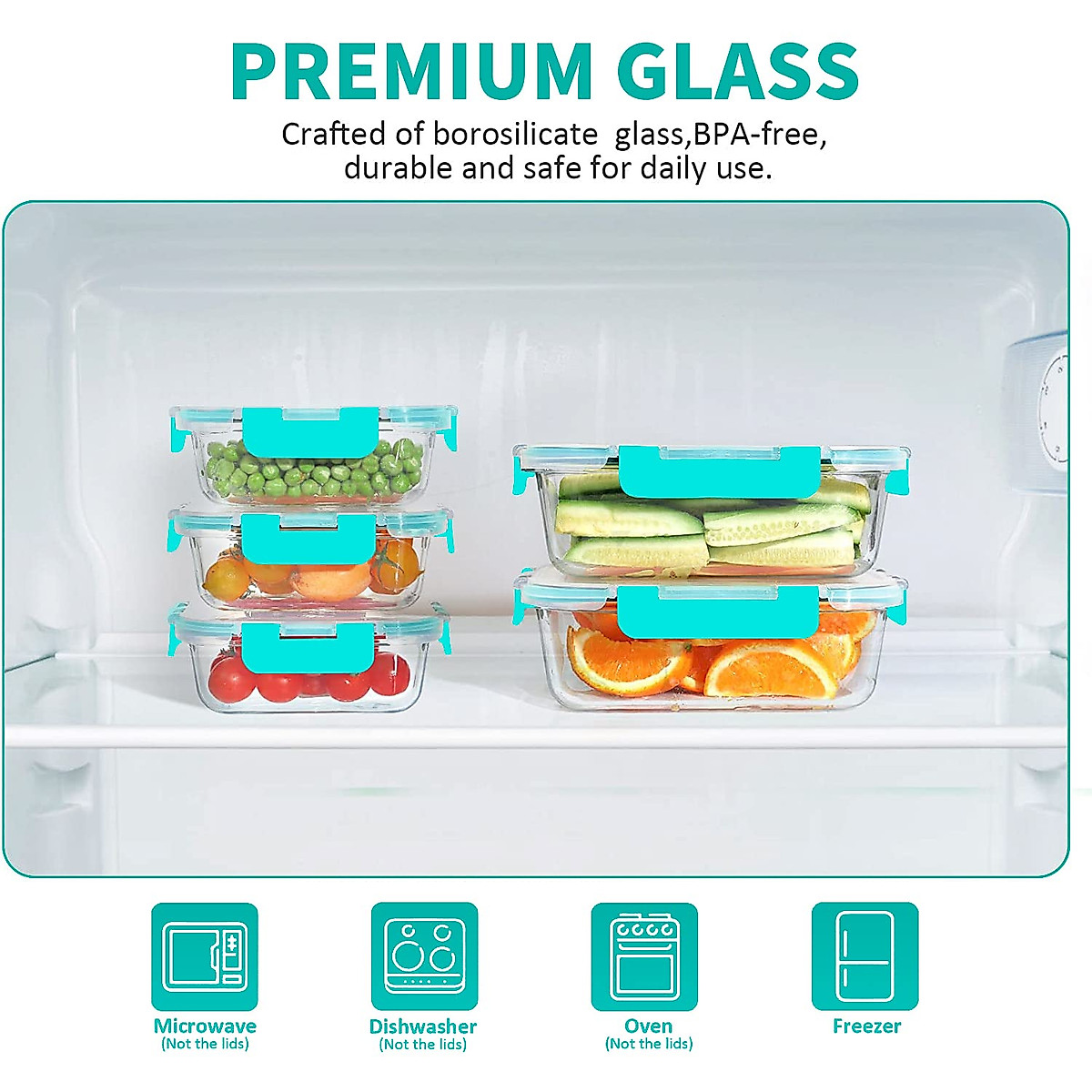 KOMUEE 12 Packs Glass Meal Prep Containers Set, Glass Food Storage Containers with Locking Lids, Airtight Glass Lunch Containers, Microwave, Oven, Freezer & Dishwasher Friendly, Green