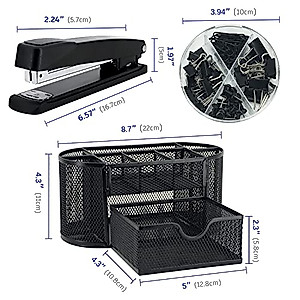 Neudeco Desk Organizers Mesh Desktop Office Supplies Multi-functional Caddy Pen Holder Stationery with 8 Compartments and 1 Drawer + Stapler with 1000 Staples Combo for Office Home School Black