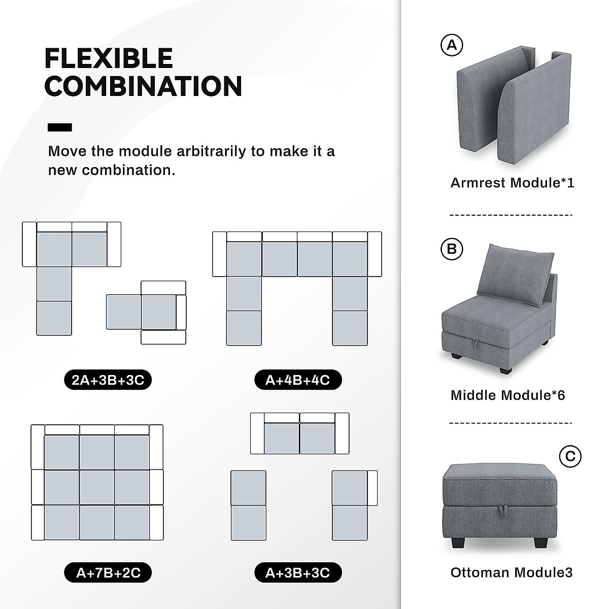 HONBAY Modern L Shaped Sectional Sofa for Small Space Fabric Modular Sofa with Chaise Loveseat Sofa with Ottoman and Storage Seat, Bluish Grey