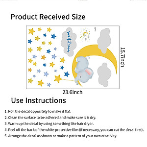 Moon and Stars Wall Stickers, Sleeping Elephant Wall Decals Sweet Dream Decoration for Baby Room Kids Bedroom Nursery and Playroom