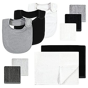 Hudson Baby unisex baby Rayon from Bamboo Bib, Burp Cloth Washcloth 10pk Headband, Black White, One Size US